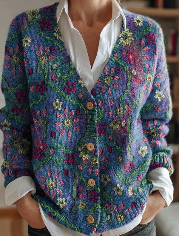 Women's Vintage Floral Art Pattern Print Buttoned V-neck Cardigan ...