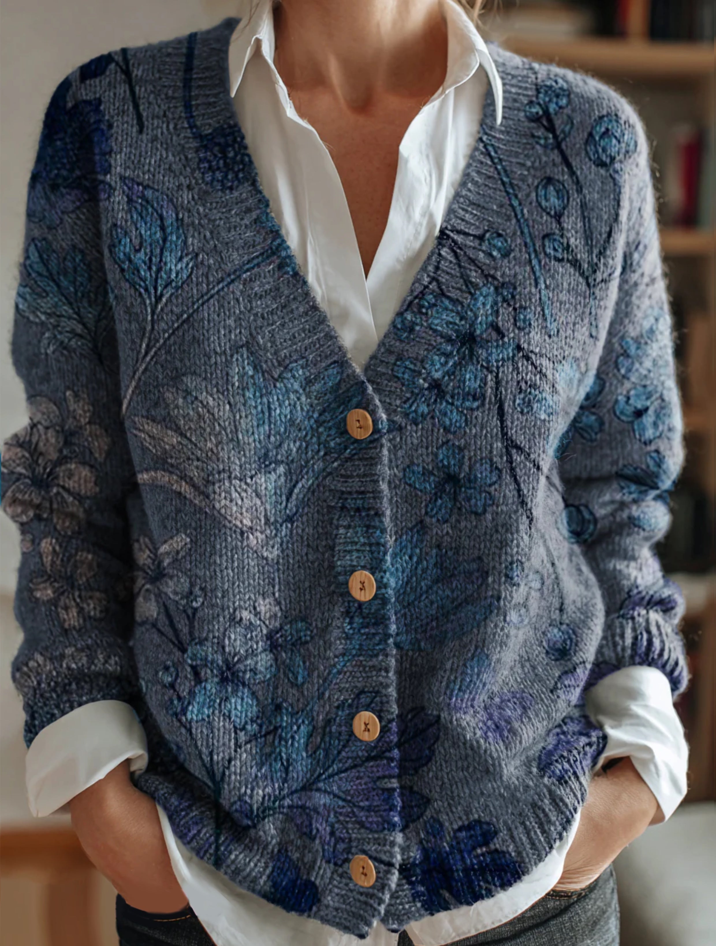 Women's Vintage Floral Art Pattern Print Buttoned V-neck Cardigan ...