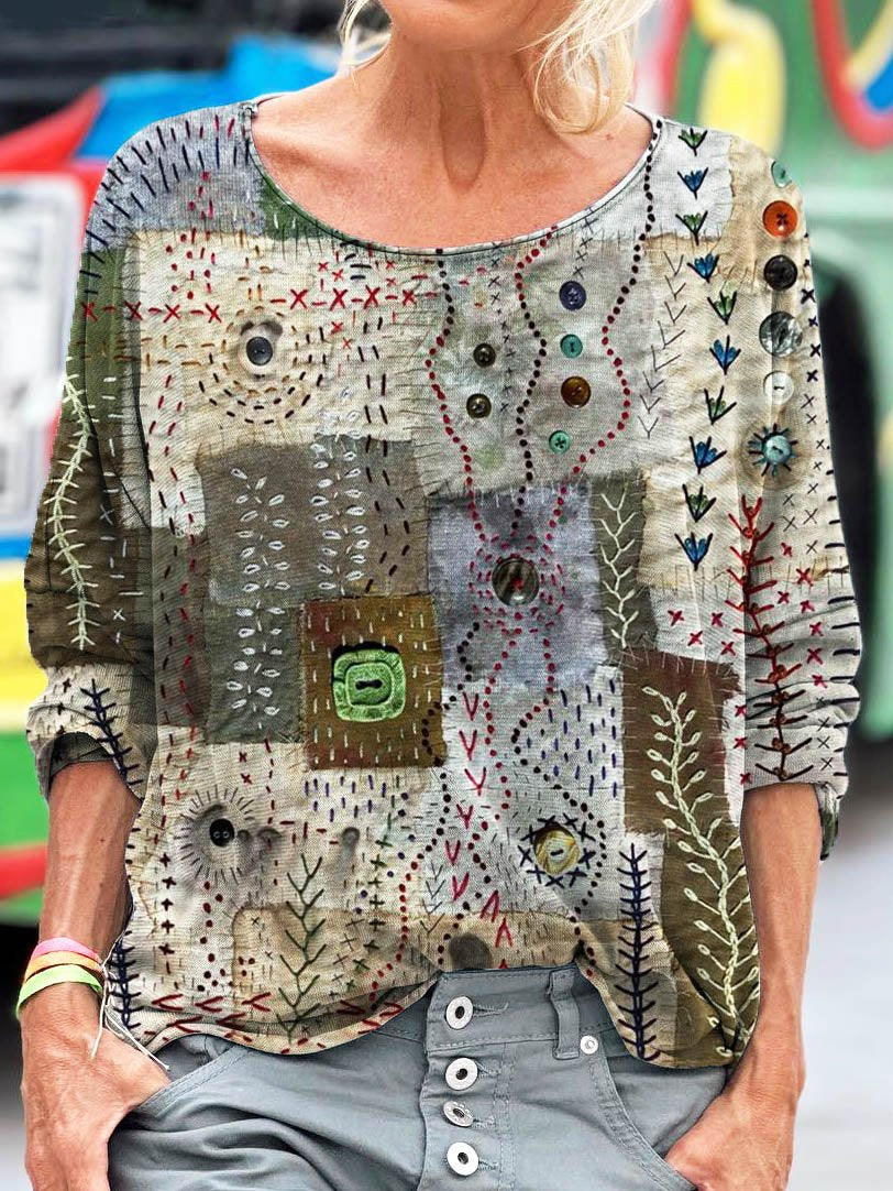 Women's Vintage Patchwork Art Print Casual Long Sleeve T-shirt ...