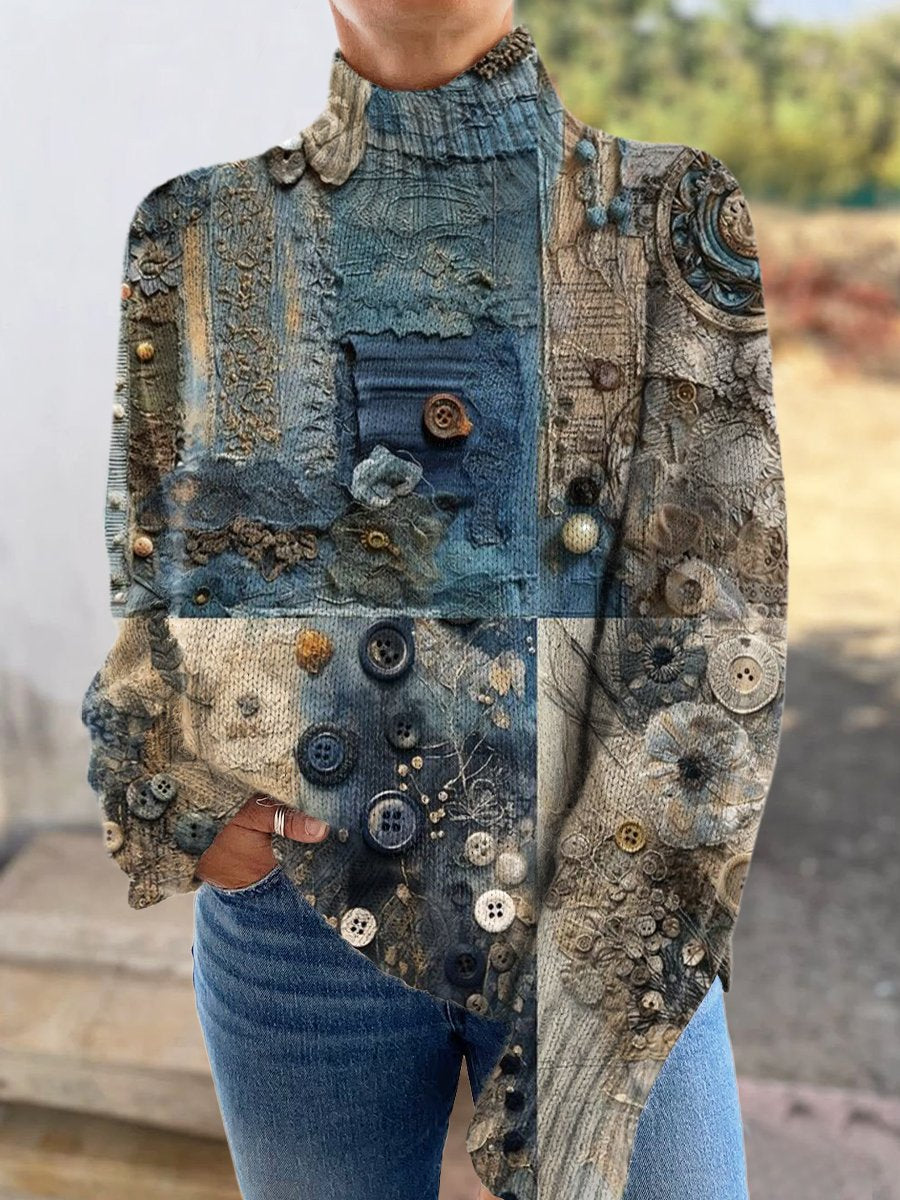 Vintage Patchwork Print Knit Turtleneck Pullover Sweater – WAKESECTION